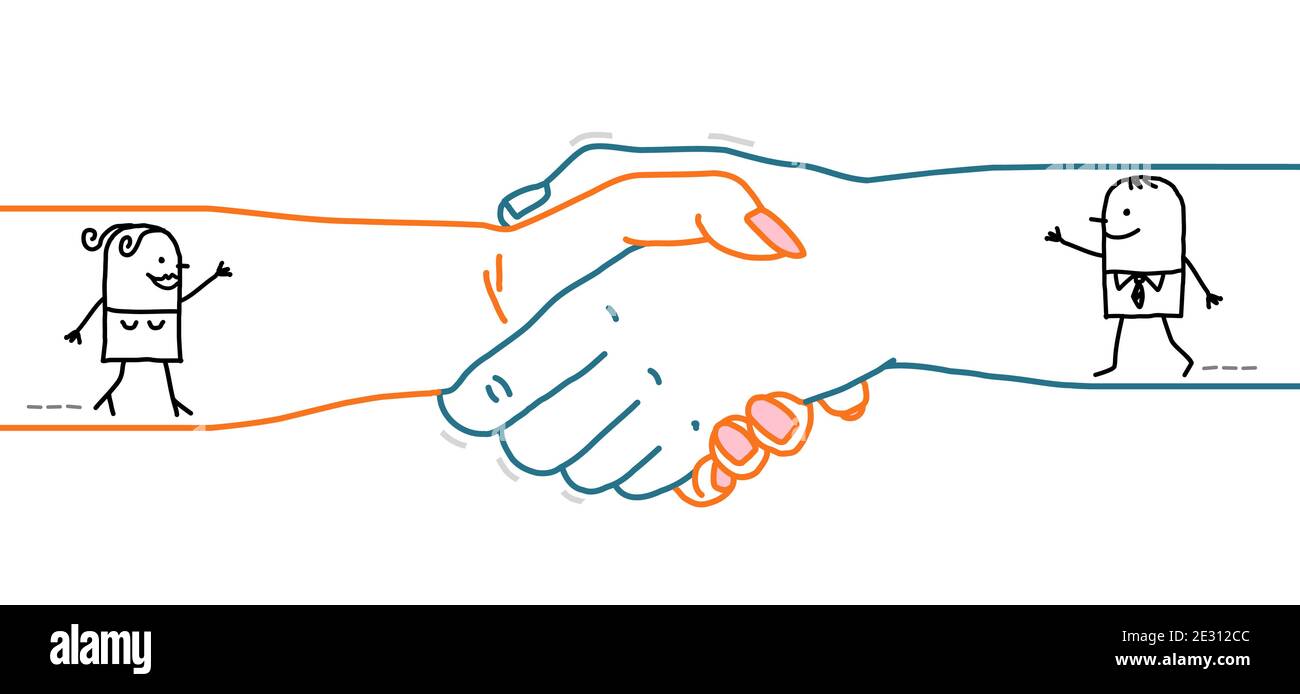 Hand drawn Cartoon Man and Woman walking inside a big Handshake Stock ...