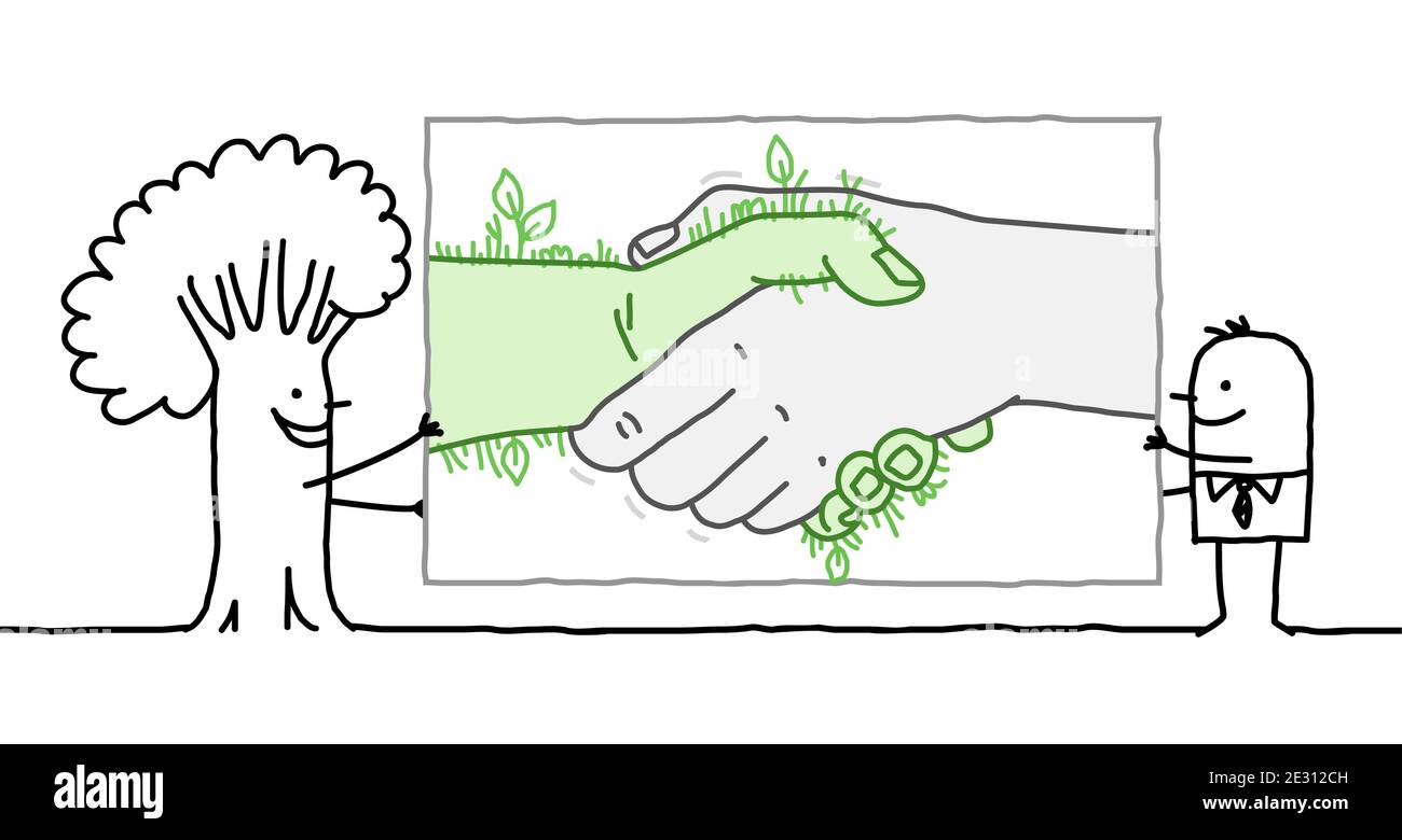 Hand drawn Cartoon Tree-man and Businessman holding up a big Handshake ...