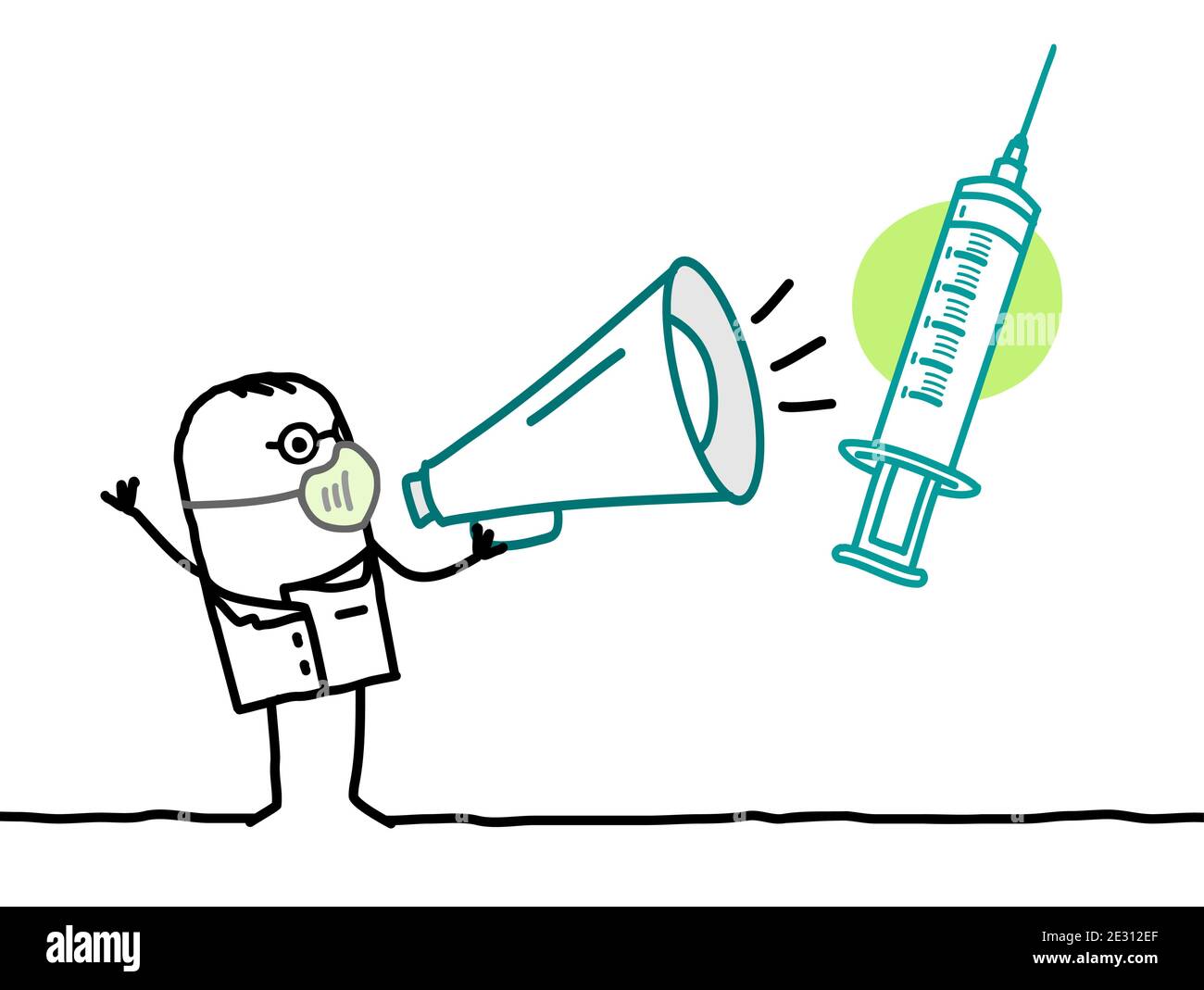 Hand drawn Cartoon Doctor with megaphone, giving Vaccine information ...