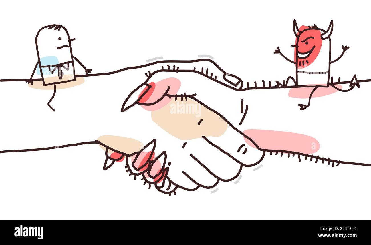 Hand drawn Cartoon Businessman and Devil sitting on a big Handshake ...