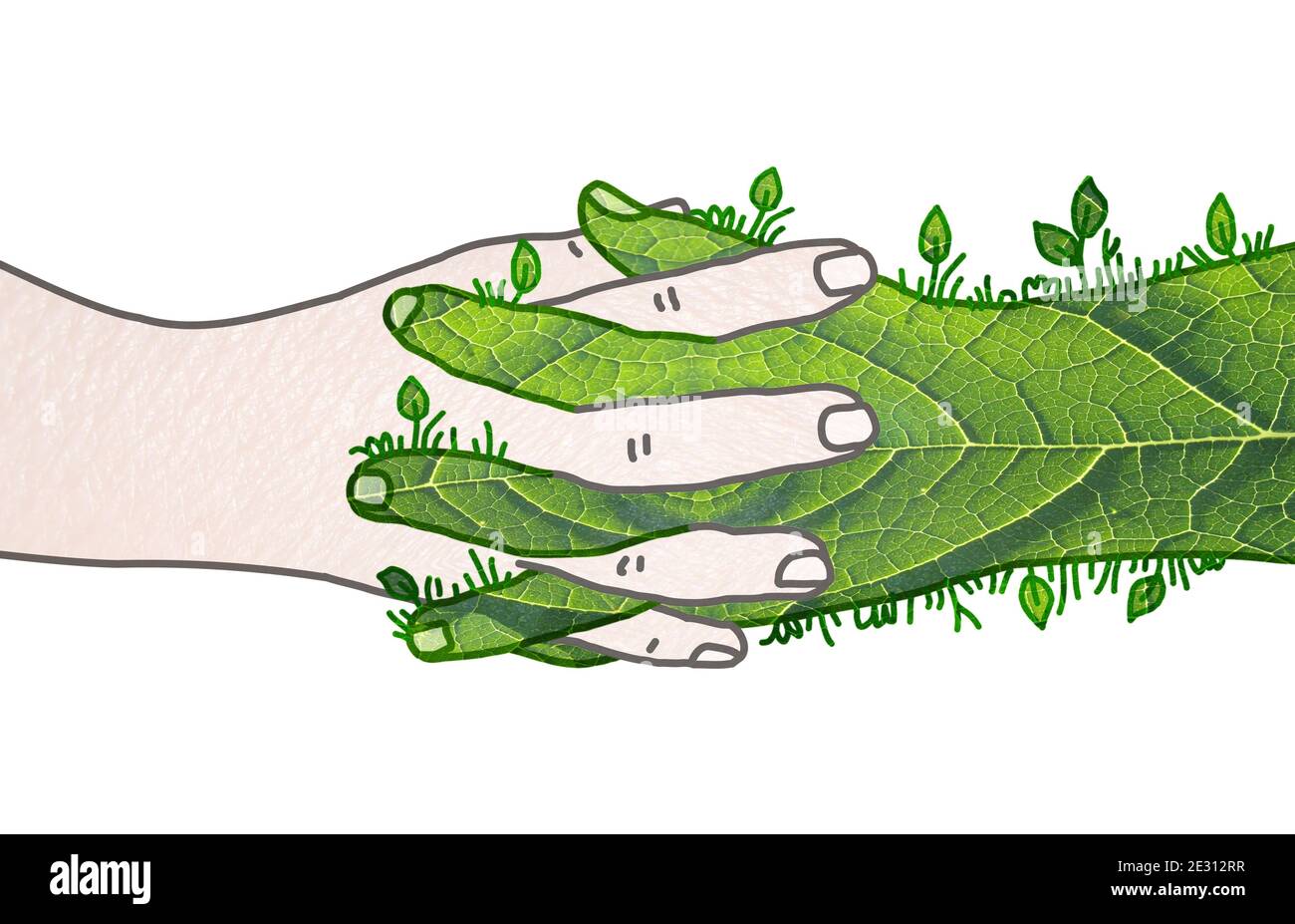 Hand drawn Human and green Nature crossing and mixing Hands - collage ...