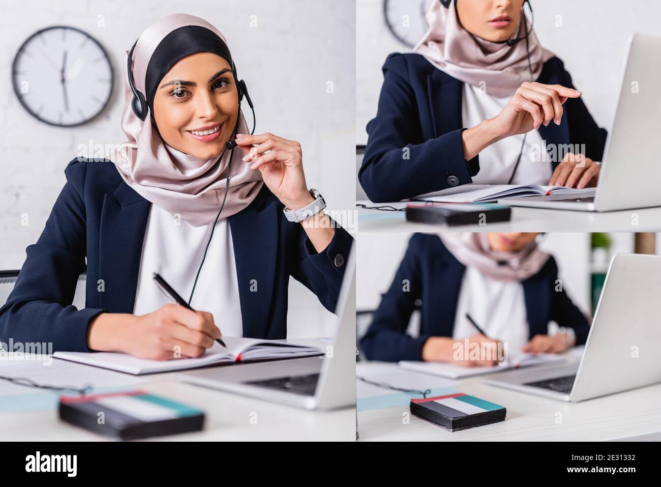 collage of arabian interpreter in headset pointing with finger and ...