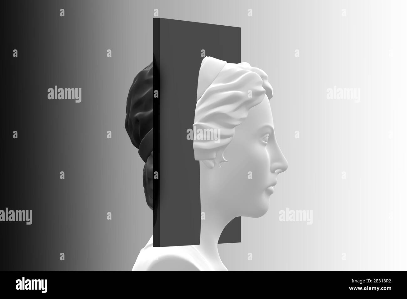 Bipolar split personality. Female with black divider. Concept of mental ...