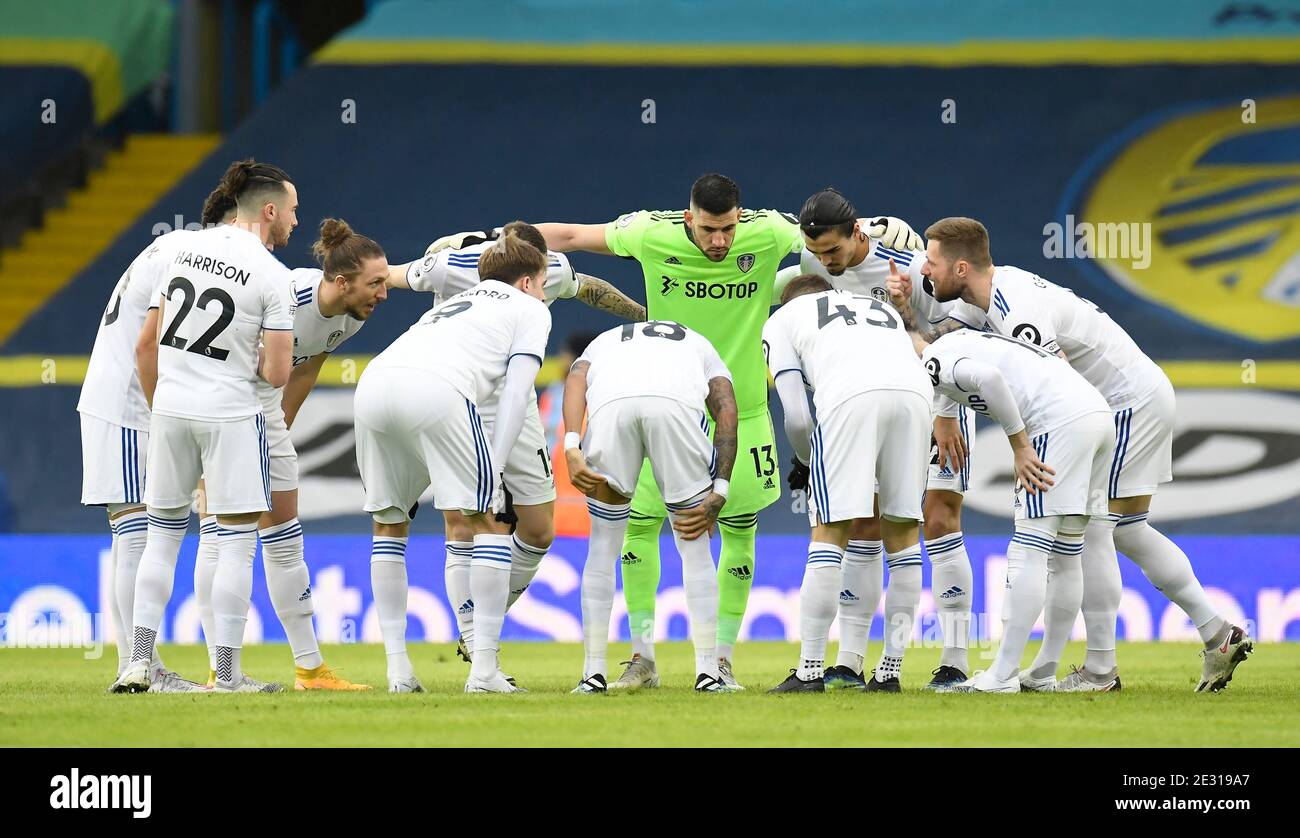 Leeds United players huddle before the Premier League match at Elland ...