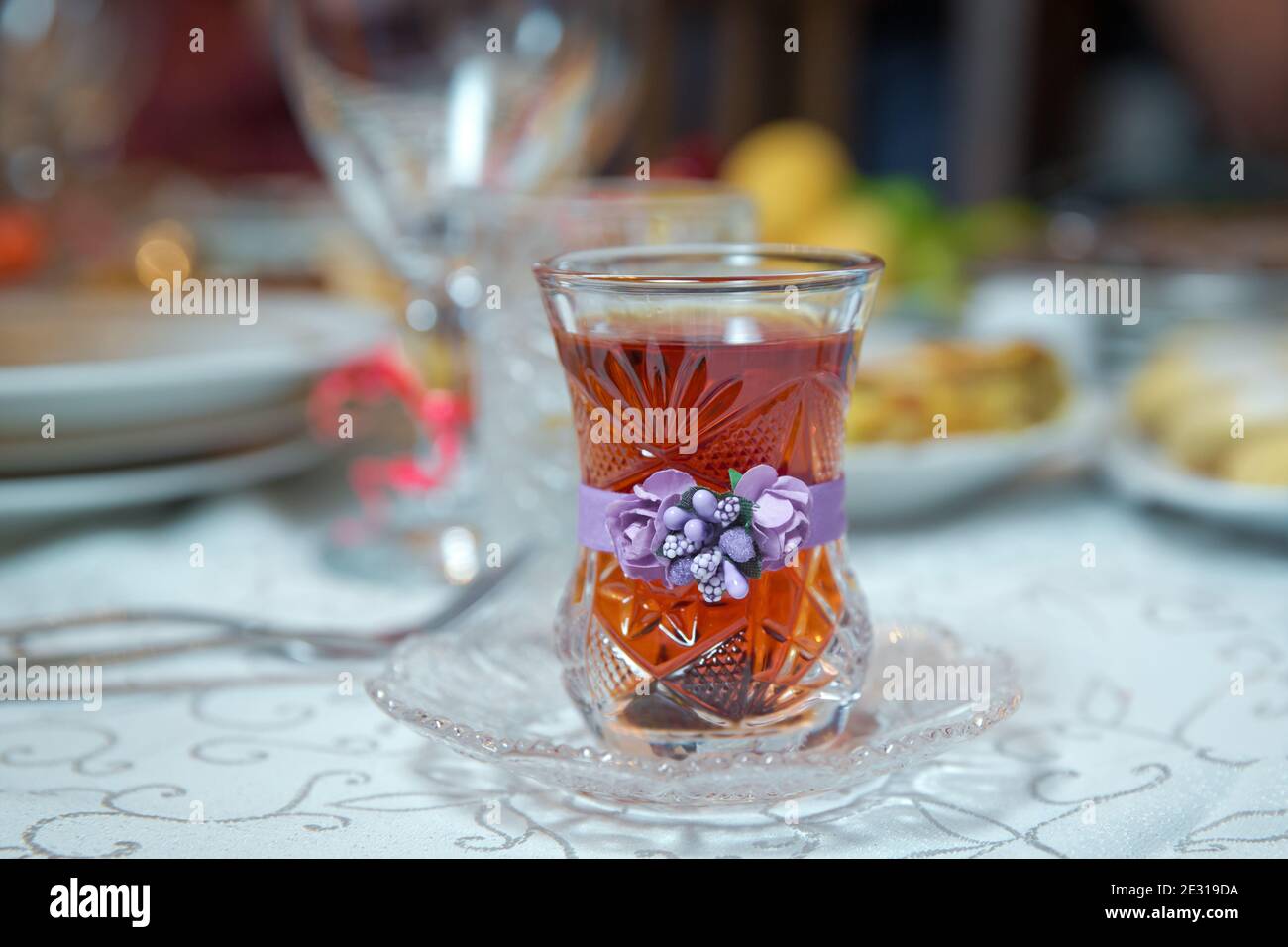 Black turkish tea in pear shape glass, traditional Azerbaijani aromatic ...