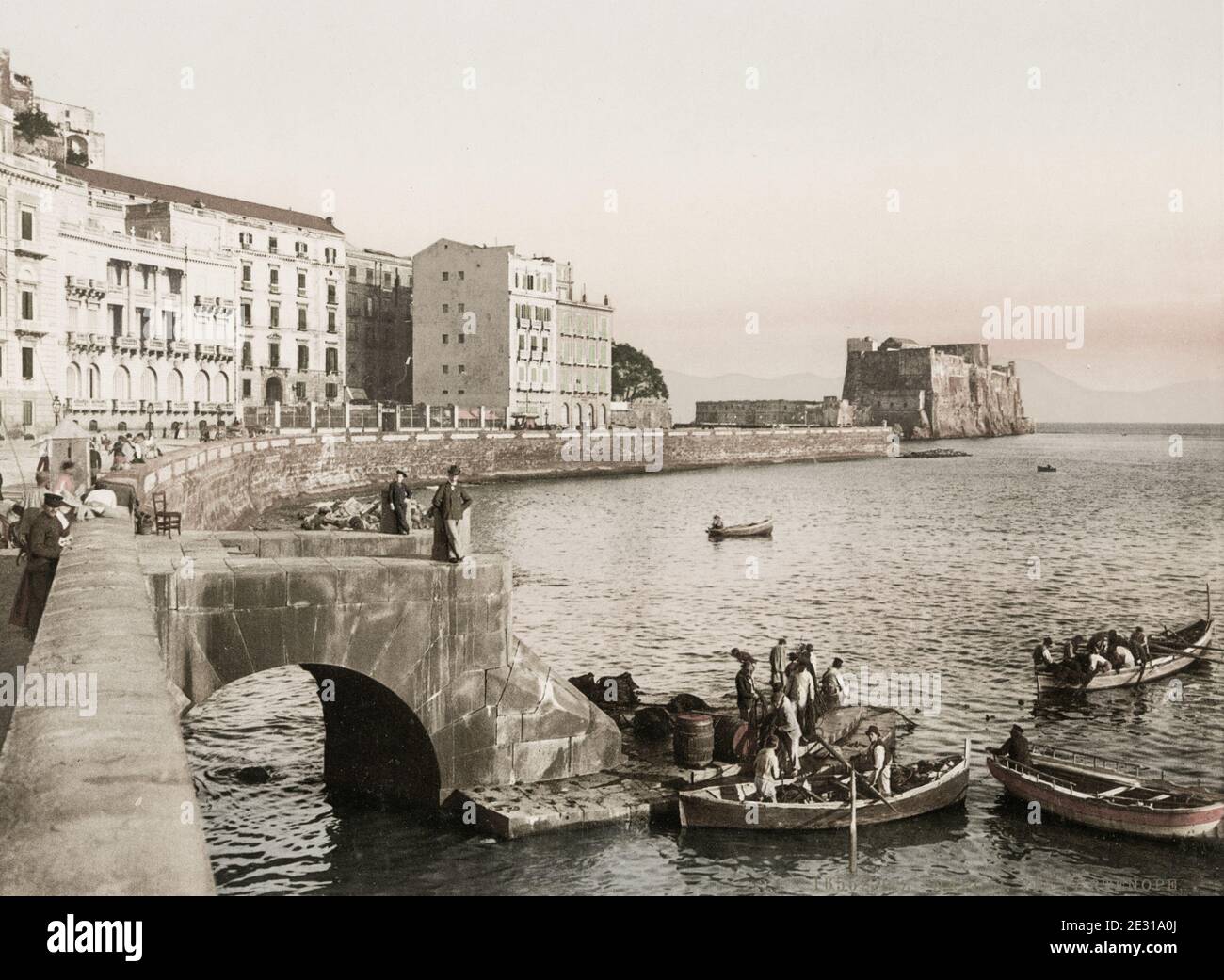 Vintage 19th century photograph: street and waterfront with boats ...