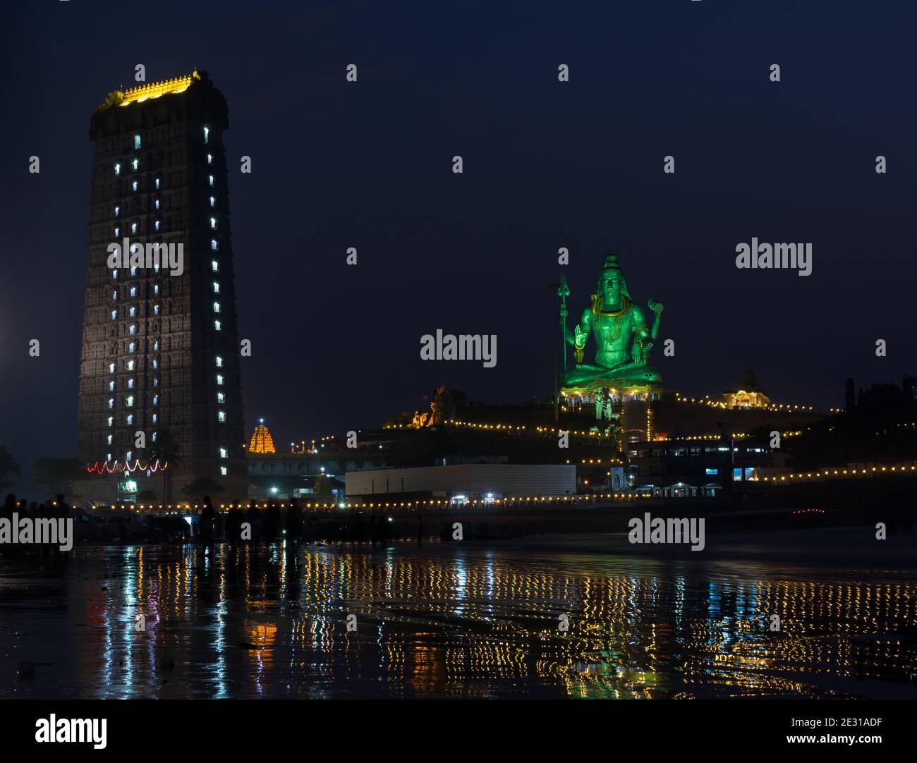 Night view of Murdeshwar or Murudeshwara Temple with tallest Gopura in ...