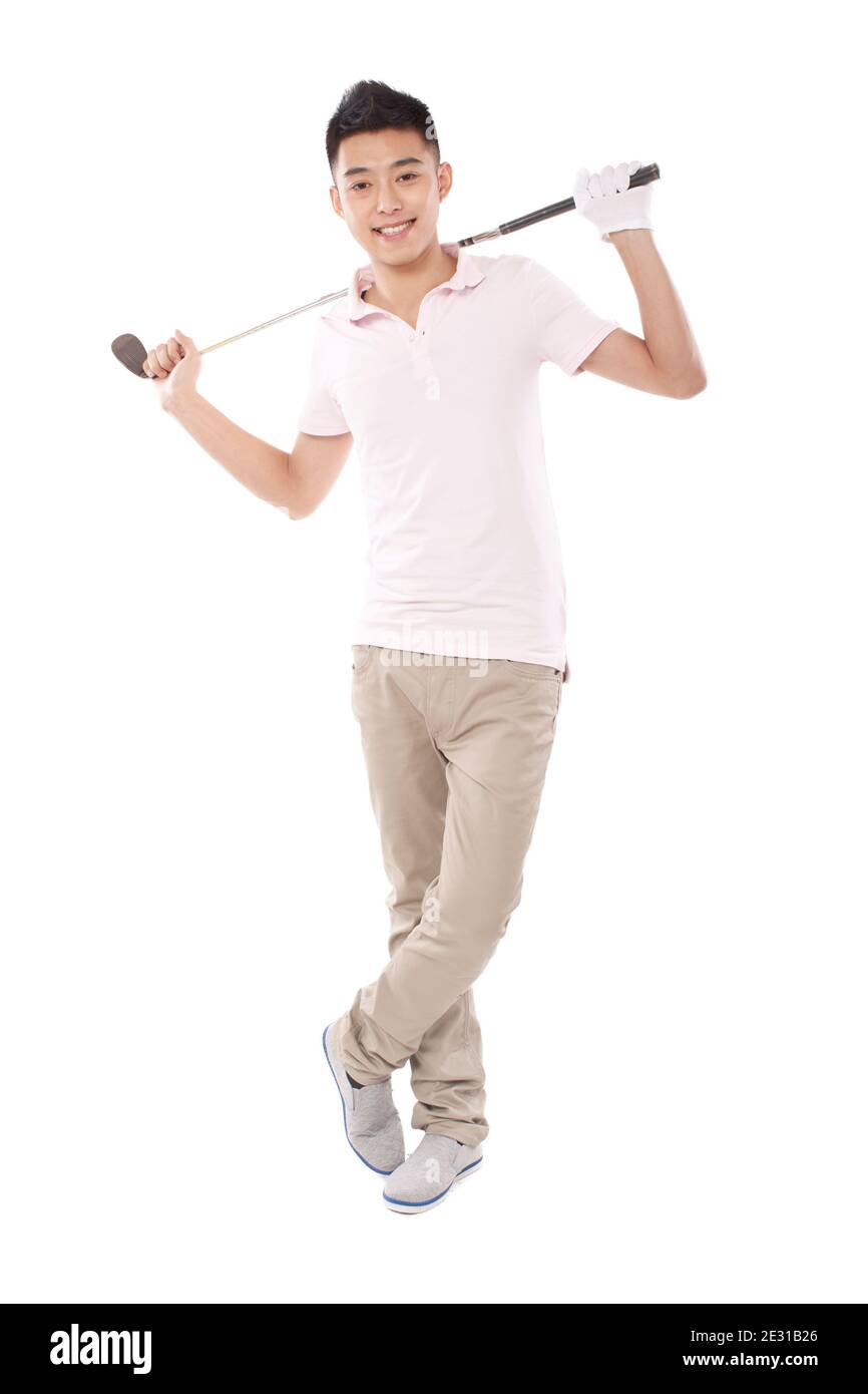 Portrait of young Male golfer with club over shoulder high quality ...