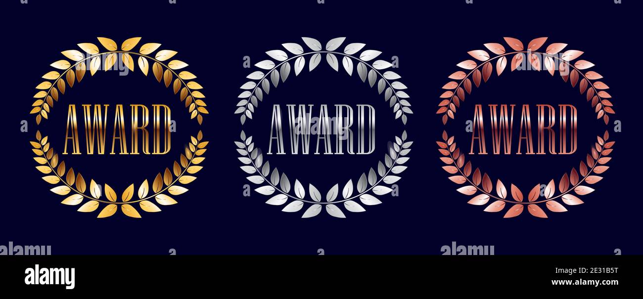 Golden, silver and bronze Award Laurel Wreath isolated on dark ...