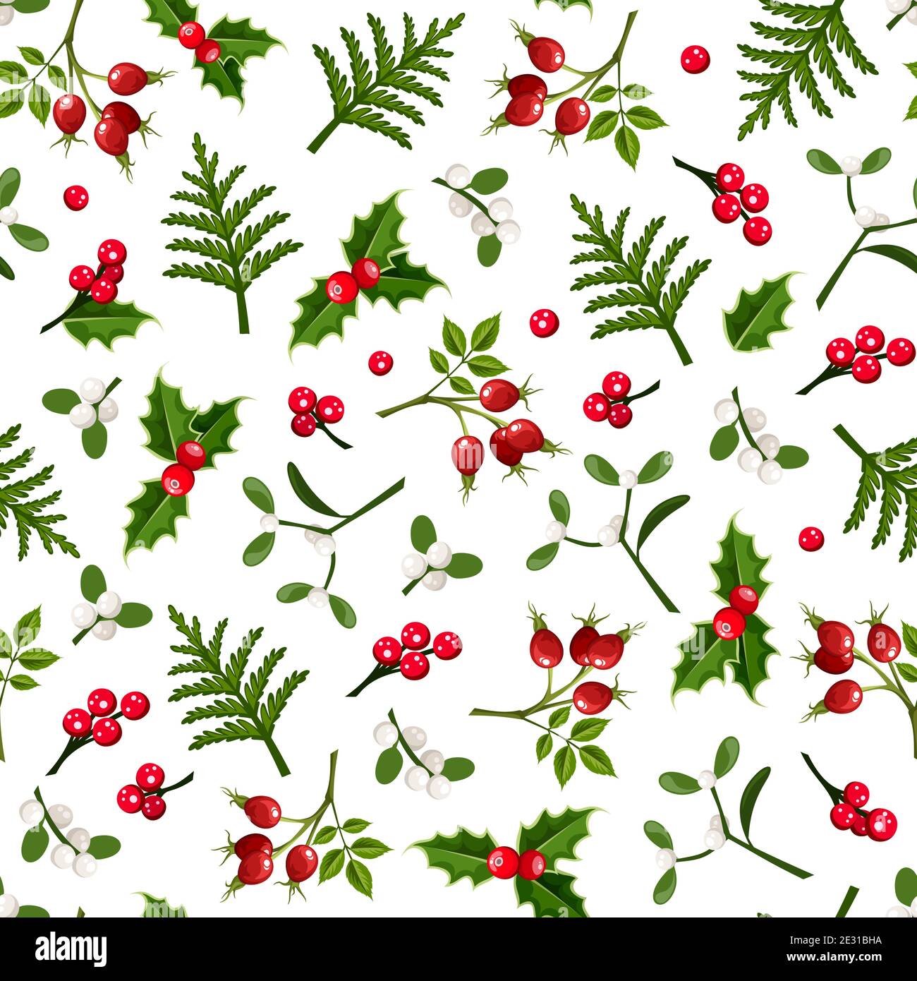 Vector Christmas floral seamless pattern with holly, mistletoe, rosehip ...