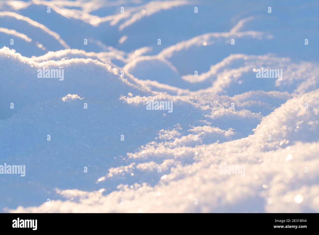 Macro shot background of fresh white snow at the sunset. Snowflakes ...