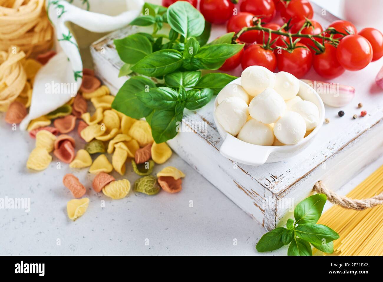 Traditional organic ingredients of italian cuisine : pasta, tomato ...