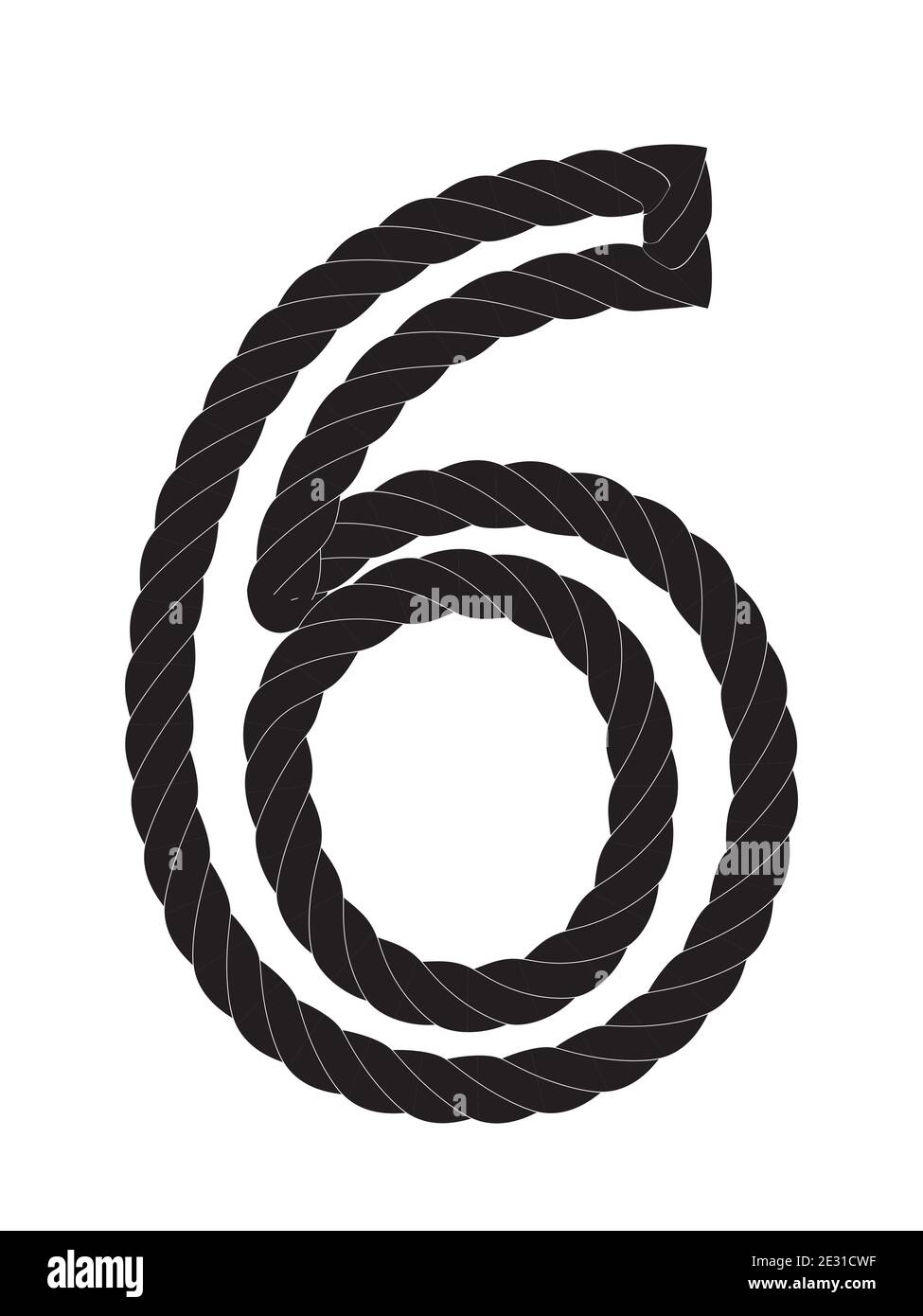 Black and white number six made from rope Isolated on white background ...