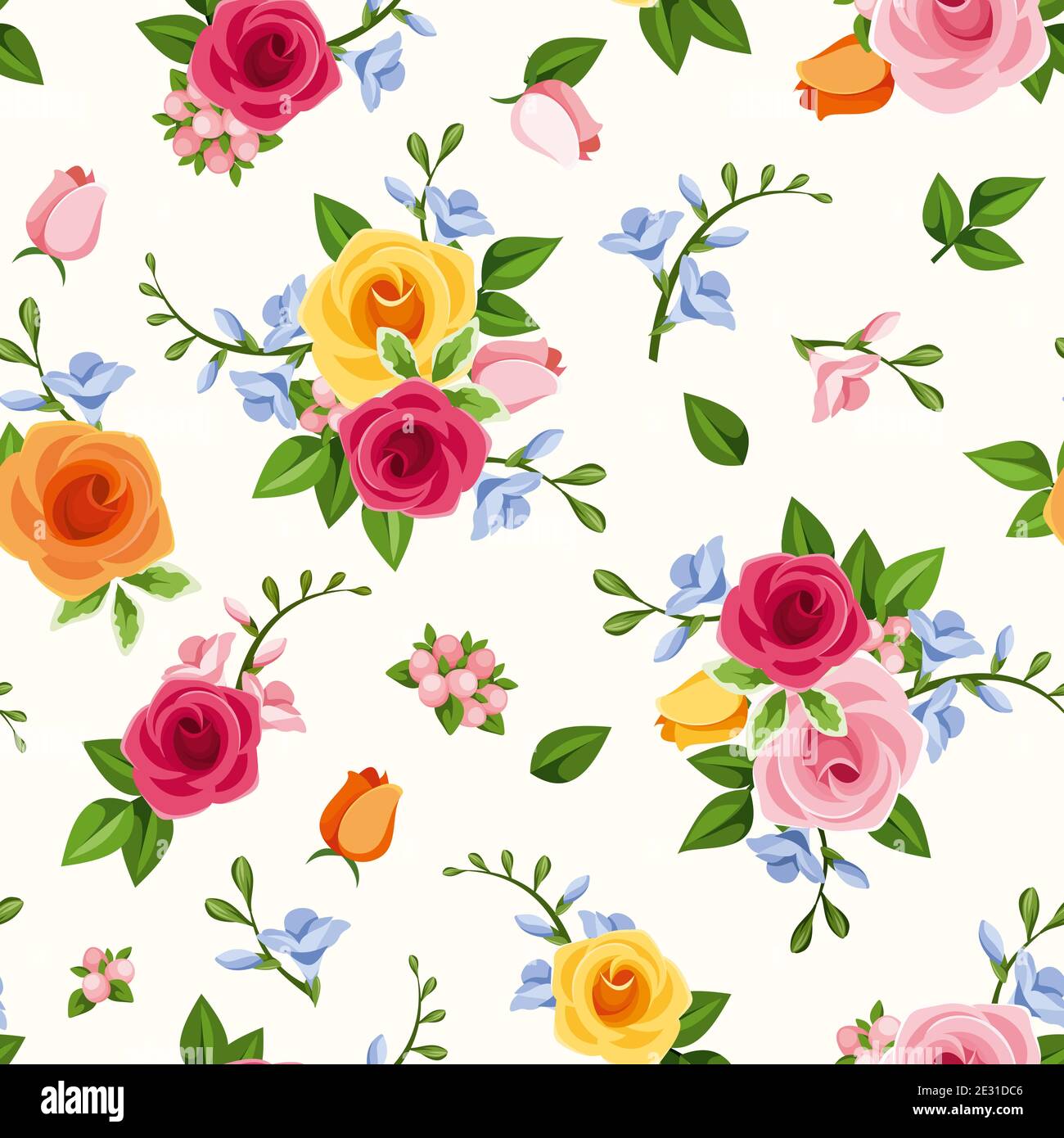 Vector seamless pattern with red pink, orange, yellow and blue roses ...