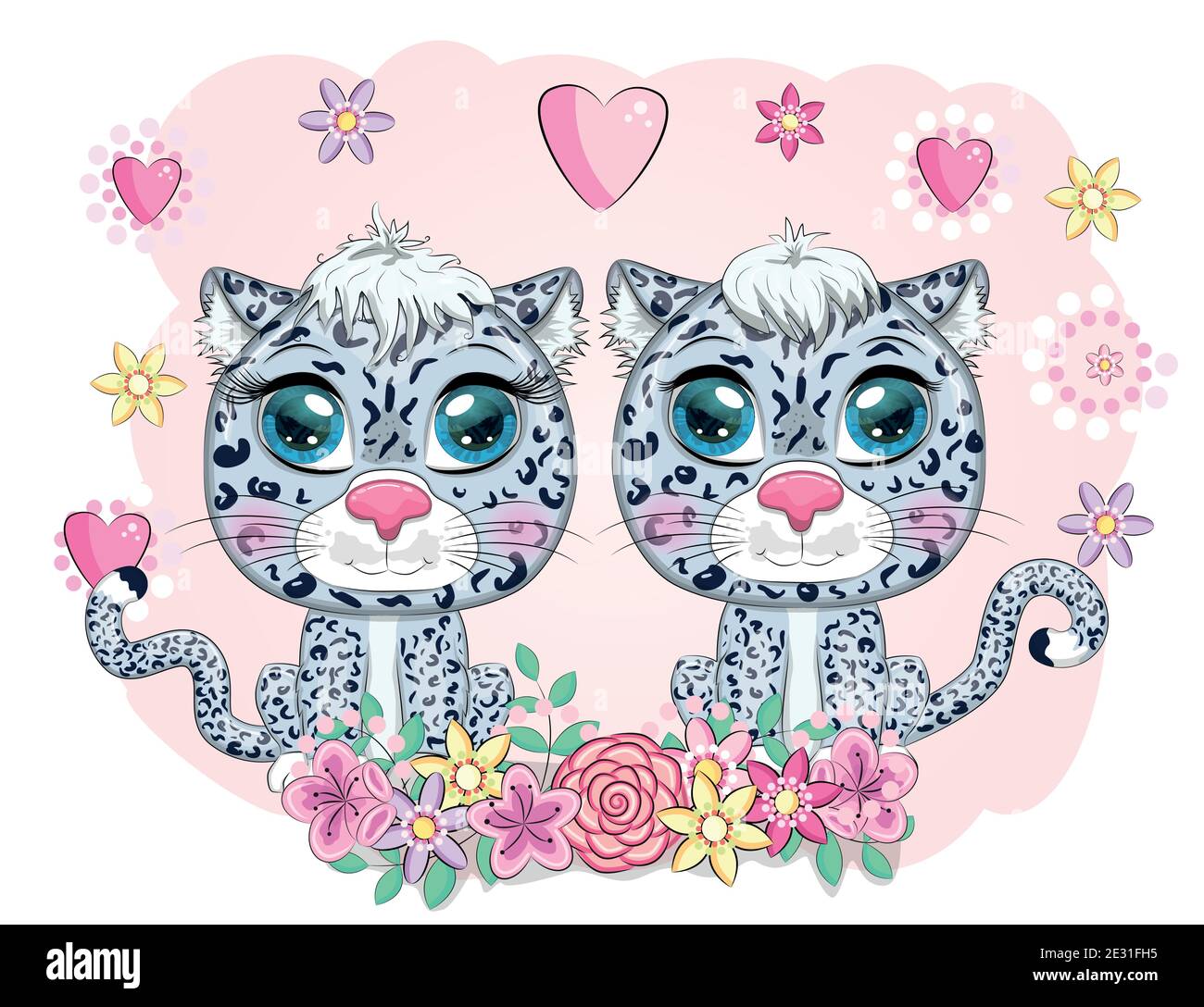 Cartoon snow leopard couple with expressive eyes among flowers, hearts ...