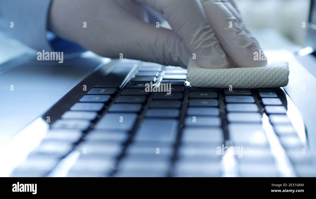 Closeup Image with Hands Wearing Protective Gloves Using the Laptop ...
