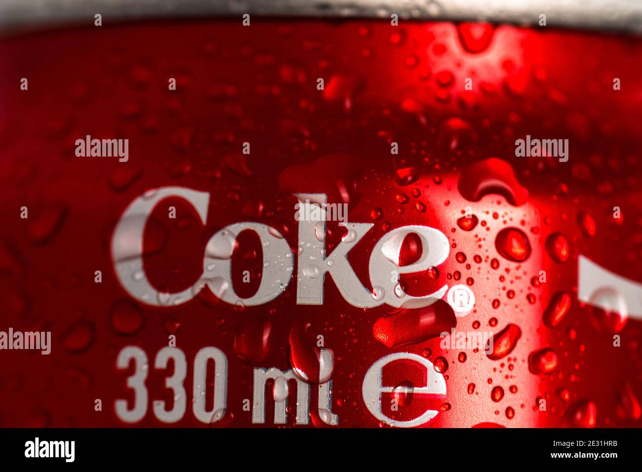 Water droplets on classic Coca-Cola can on black background. Studio ...