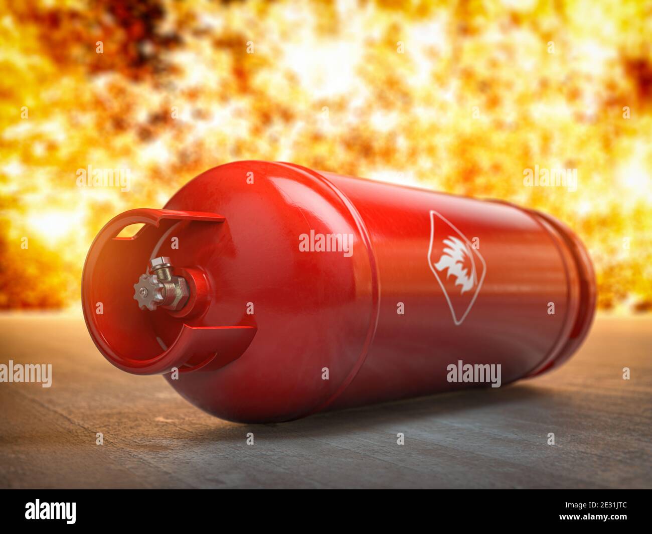 Gas tank or bottle on explosive flame and fire background. Danger of ...