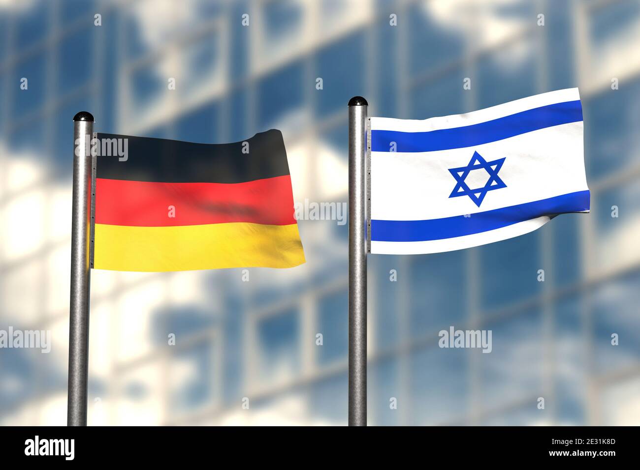 3d render of an flag of Germany and Israel, in front of an blurry ...