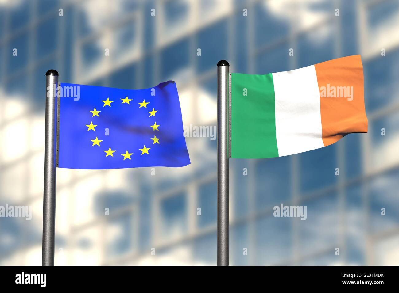 3d render of an flag of Europe and Ireland, in front of an blurry ...