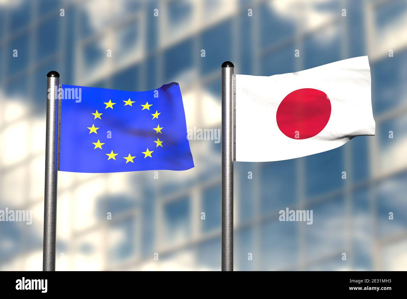 3d render of an flag of Europe and Japan, in front of an blurry ...