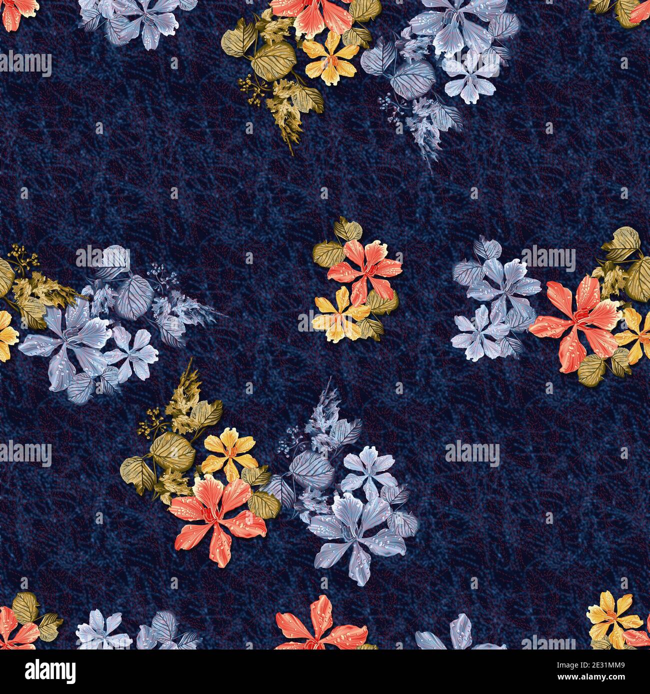 textile flower with navy blue ground seamless digital print design ...