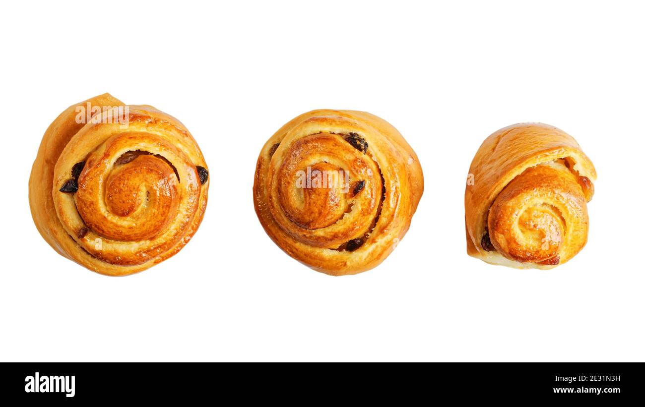 Three buns with raisin isolated on white. Top view Stock Photo - Alamy