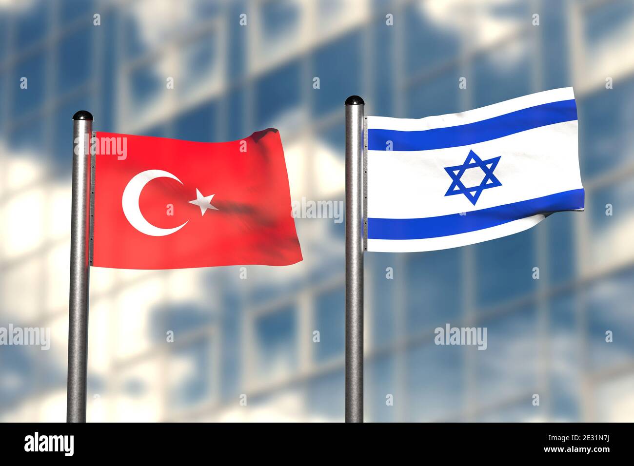 3d render of an flag of Turkey and Israel, in front of an blurry ...