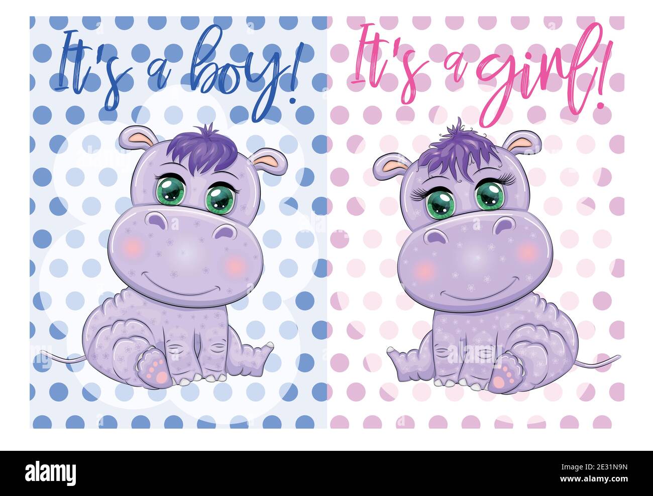 Two Cute cartoon hippo with beautiful eyes among flowers, hearts, a boy ...