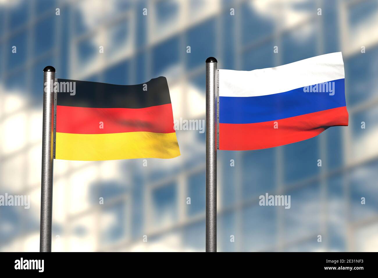 3d render of an flag of Germany and Russia, in front of an blurry ...