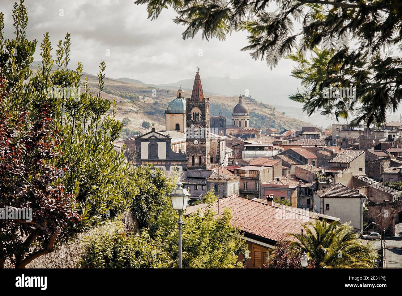 view in Sicily of a medieval Town, old church on houses of Randazzo ...