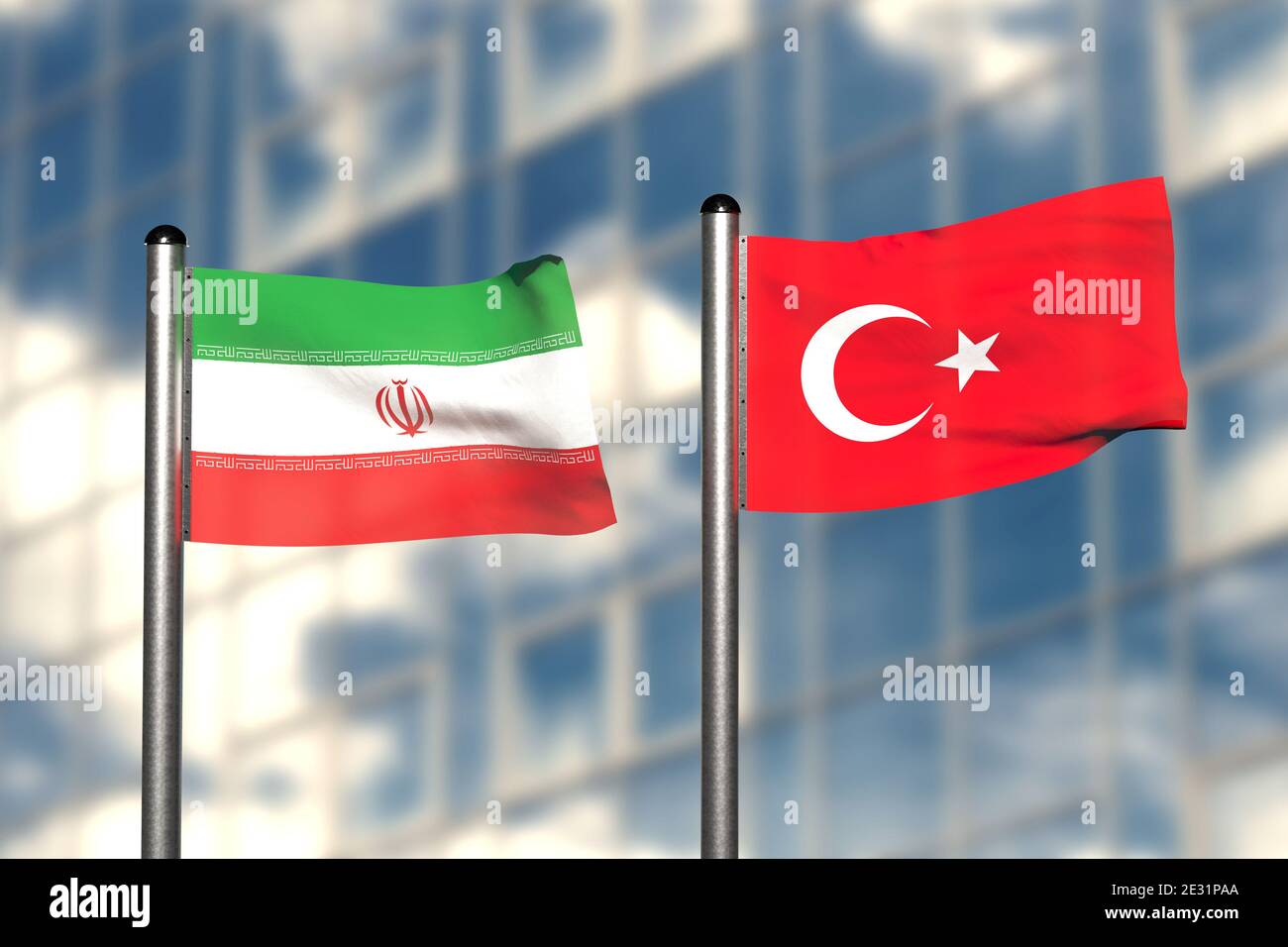 3d render of an flag of Iran and Turkey, in front of an blurry ...