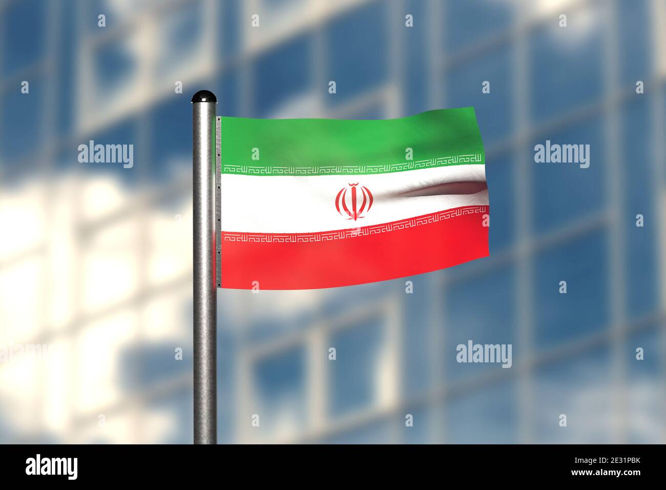 3d render of an flag of Iran, in front of an blurry background, with a ...