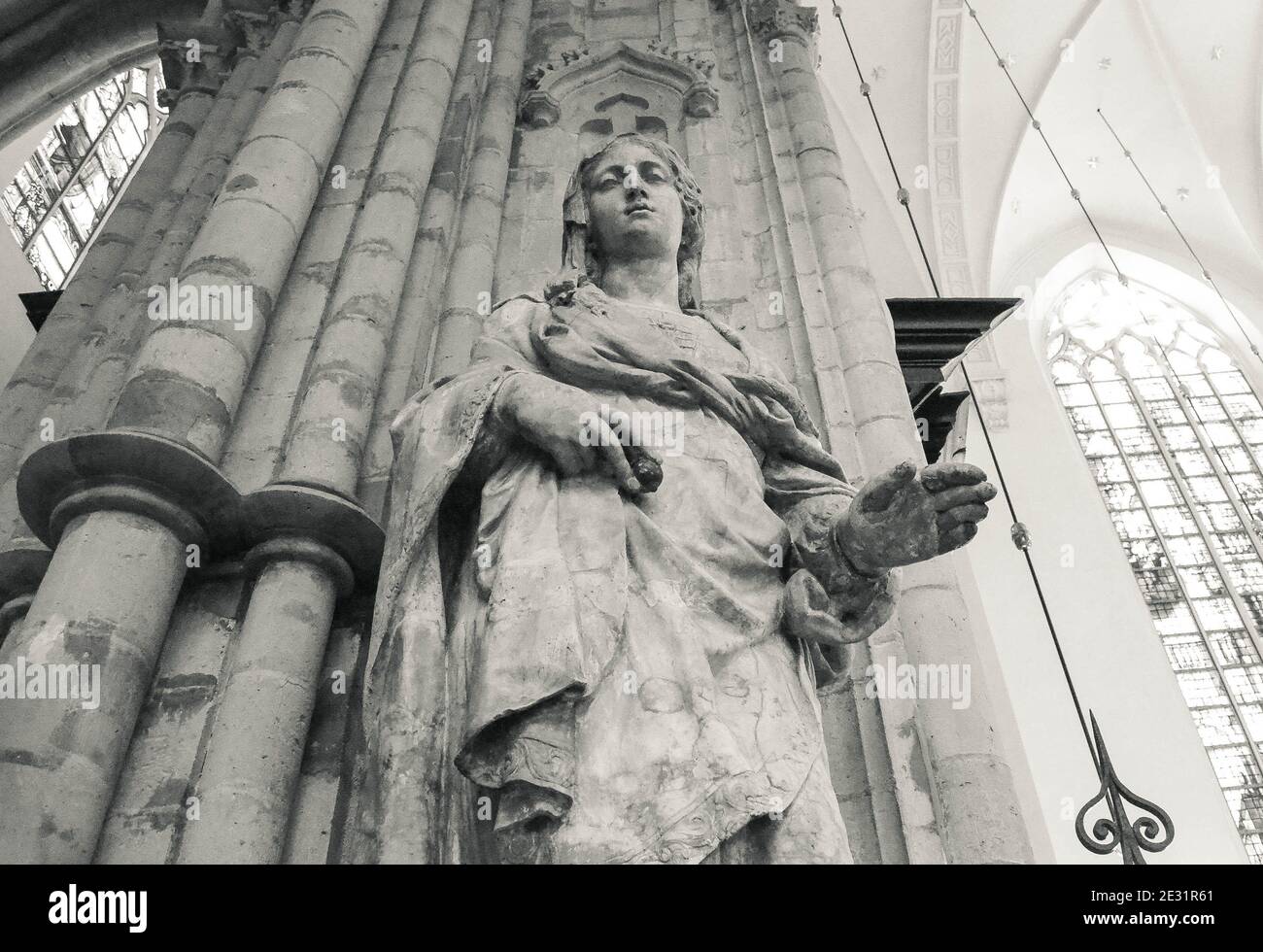 Holy Mary Virgin Big Stone Statue in Brussels Cathedral from Below with ...