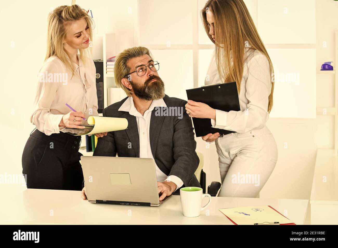 Secretary and manager. Office affair. Surrounded by beautiful ladies ...