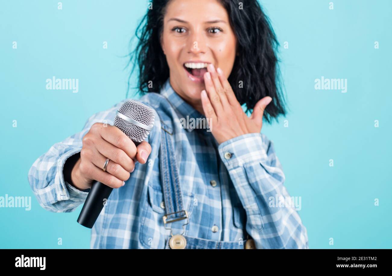 funny party goer. attractive beauty with mic. express human emotions ...