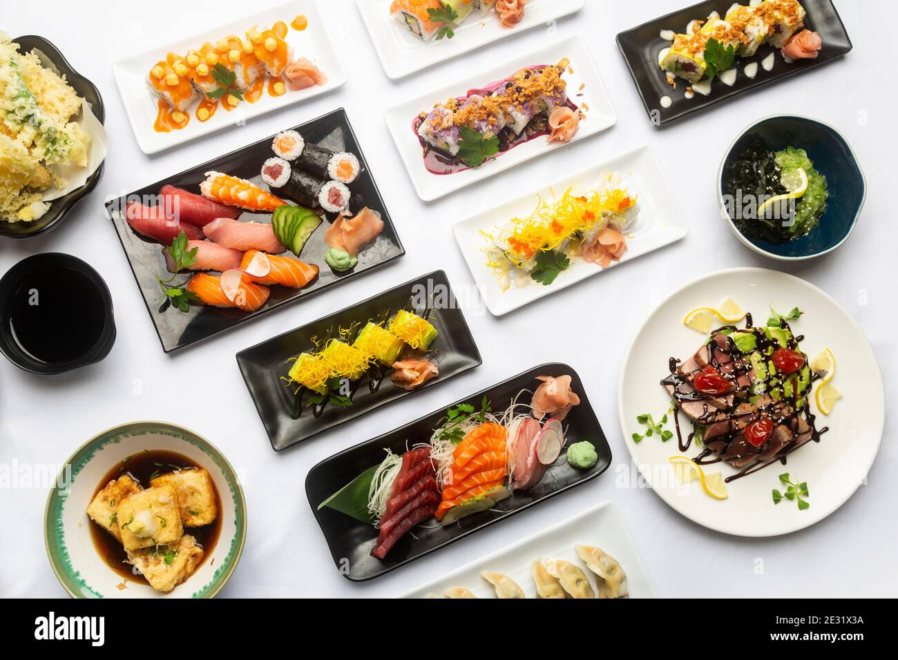 Traditional Japanese food top view on white background, Sushi, Sashimi ...