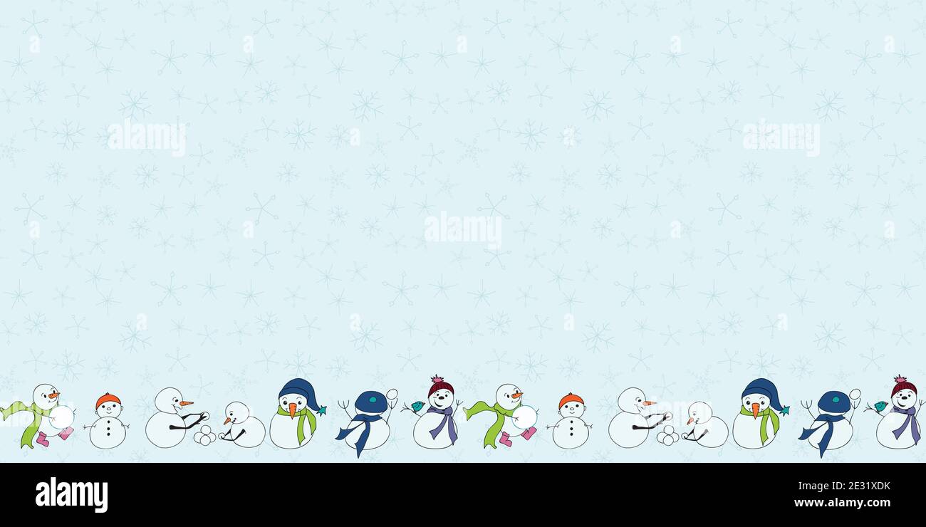 Snowman border with flakes colorful seamless vector border surface ...