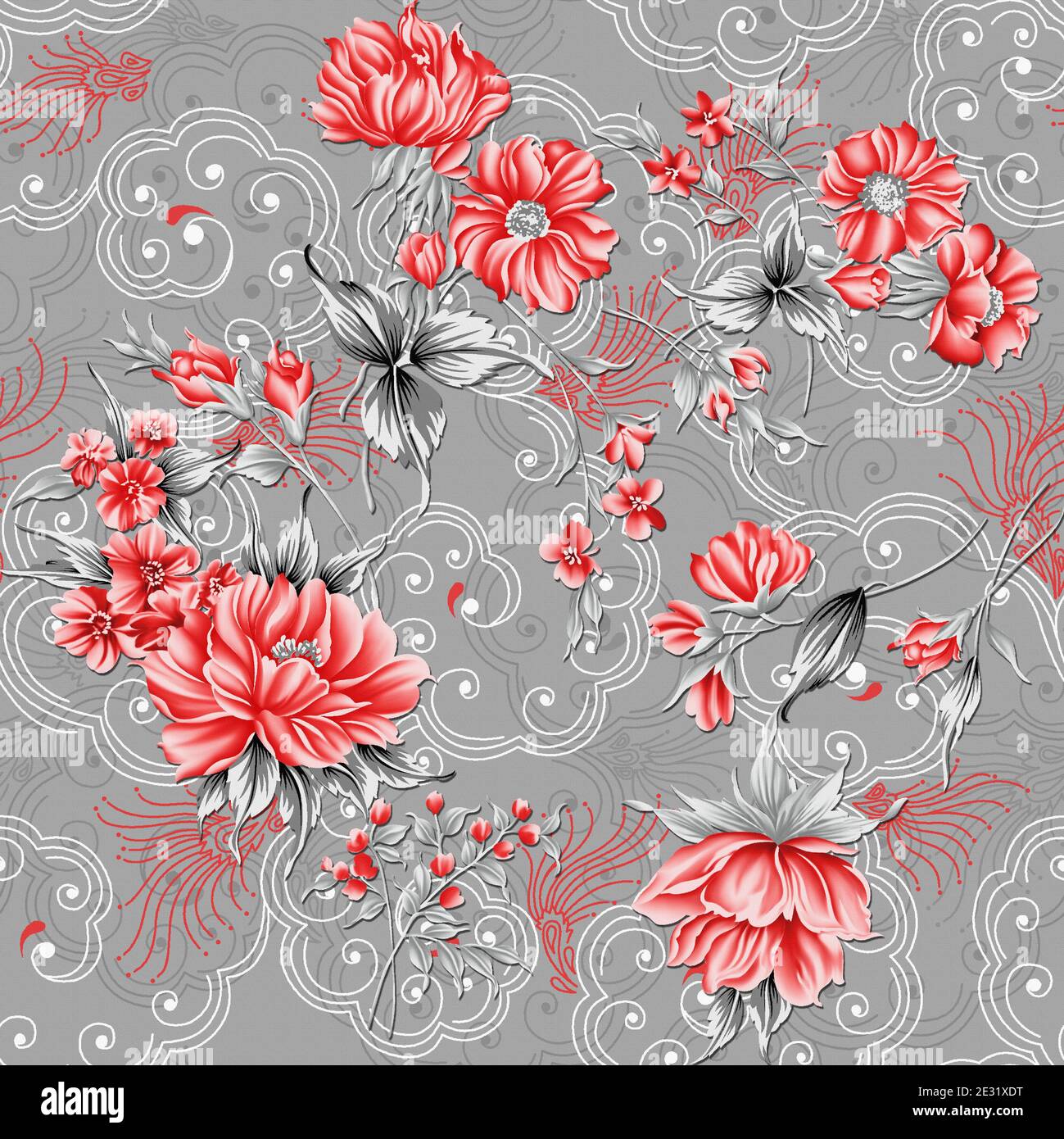 textile flower with light grey ground seamless digital print design ...