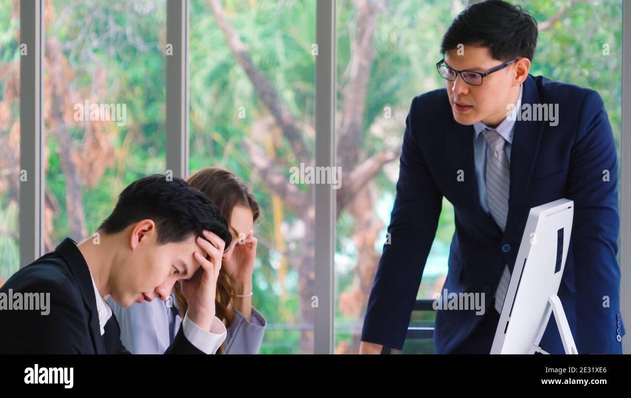 Angry business person dispute work problem in group meeting at office ...