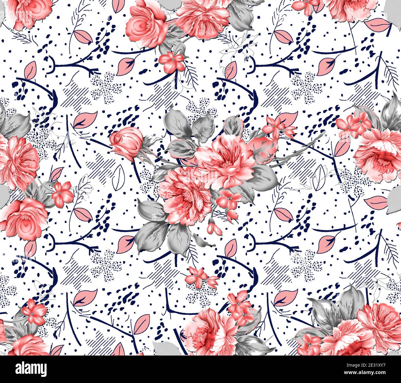 Seamless textile flower design with geometrical ground Stock Photo - Alamy