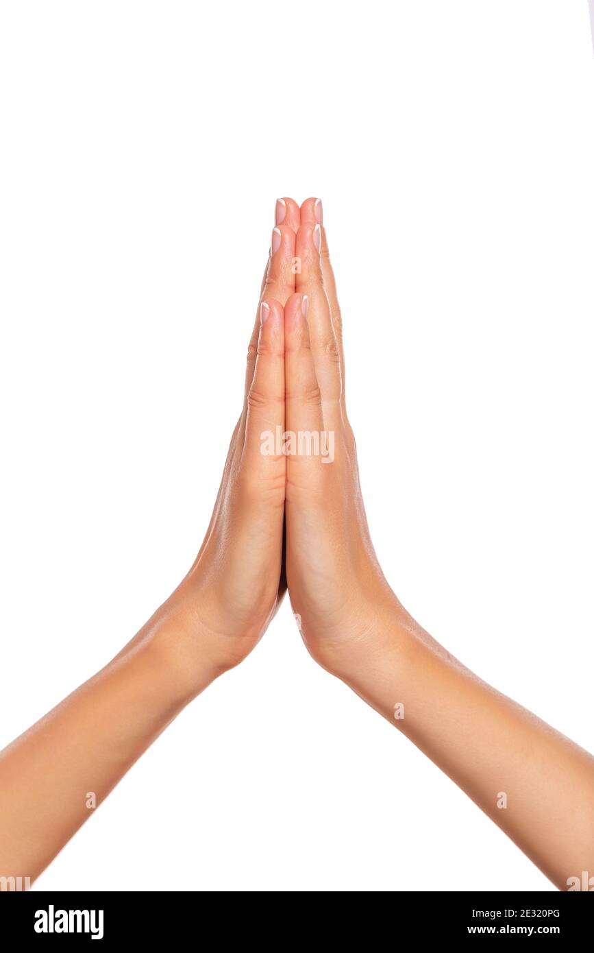 Female hands folded together isolated on a white background Stock Photo ...