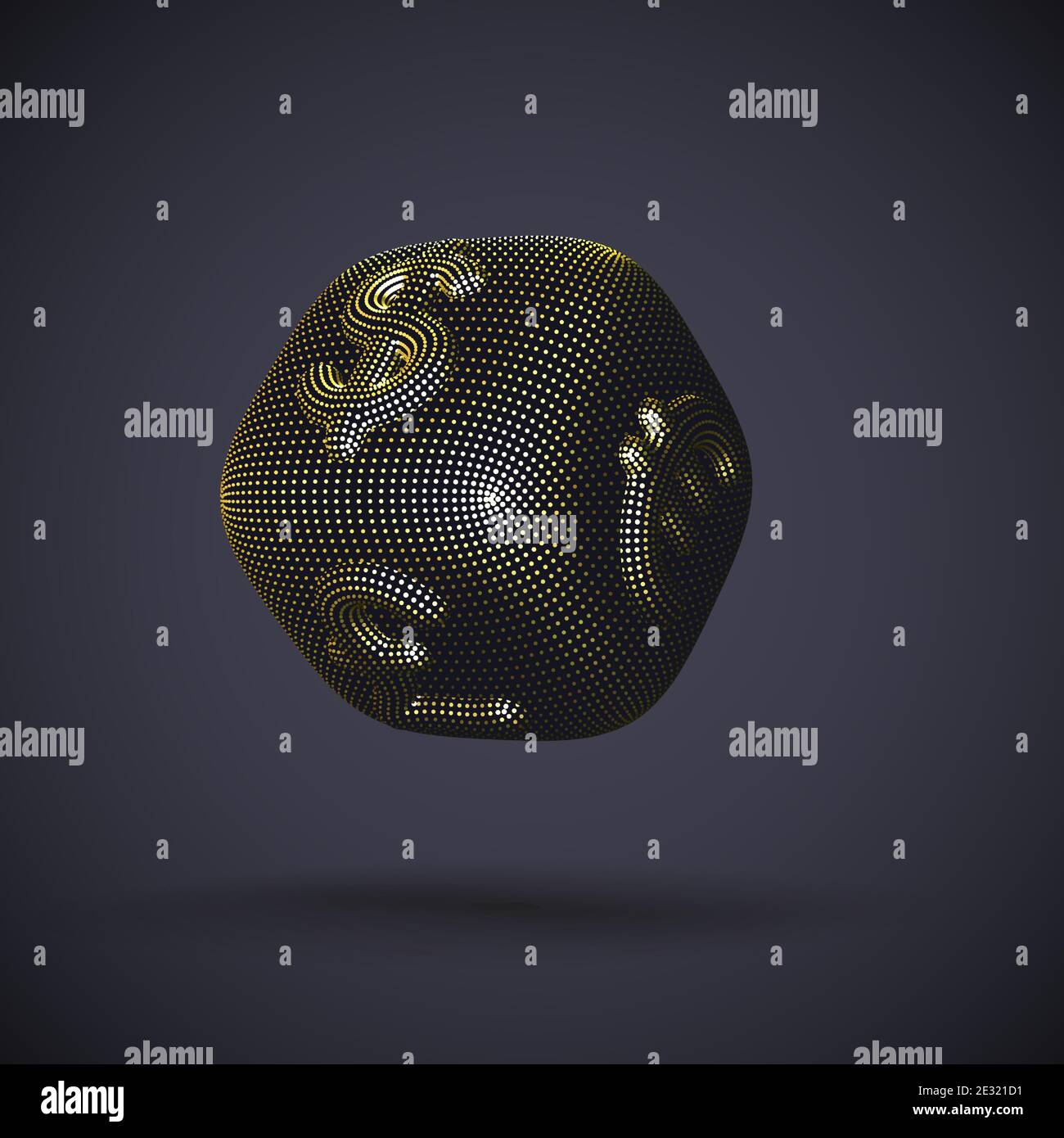 Digital golden 3D dice with currency symbols Dollar, Euro, Pound ...