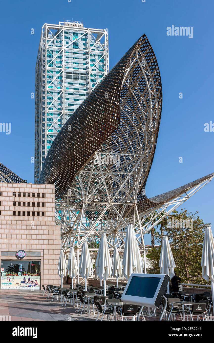 Barcelona, Spain Golden fish sculpture architect designed El Peix ...