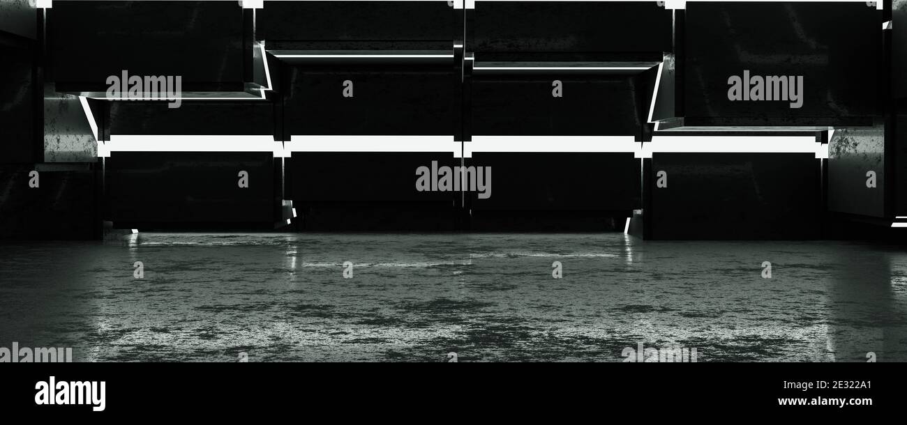 industrial grunge building interior with green lighting and reflections ...