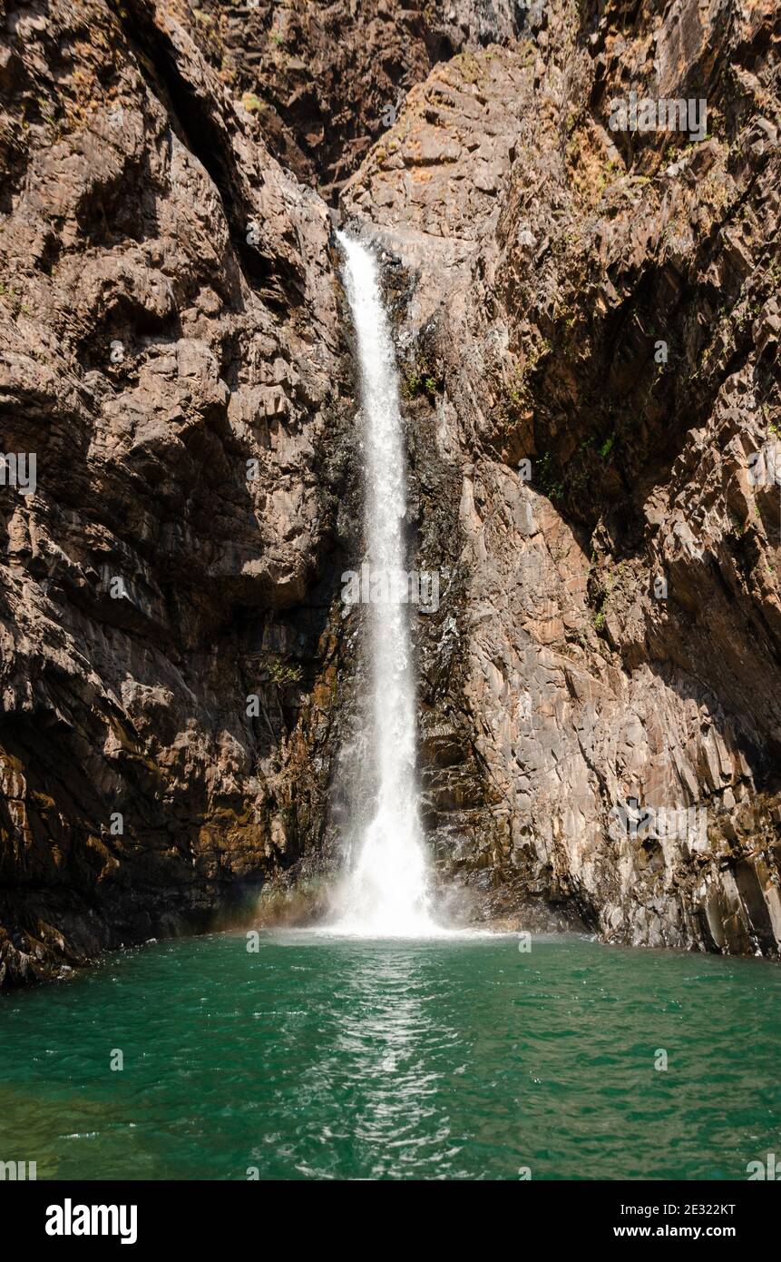 Lower part of the Vazra Sakla Waterfall splashing over rocks into a ...