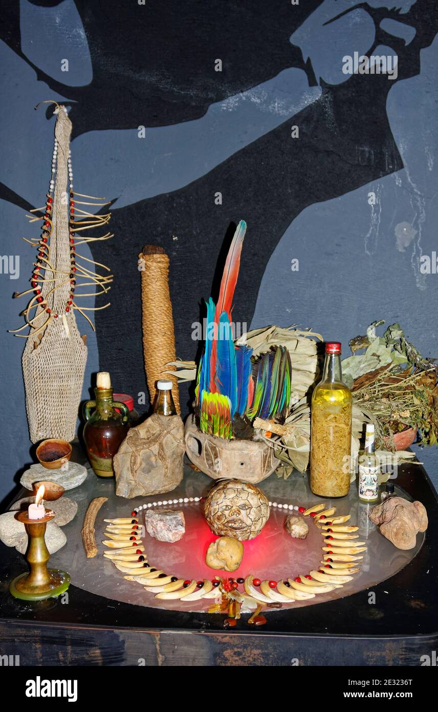 display, indigenous items, necklace, bottles, feathers, rocks, Mindalae ...