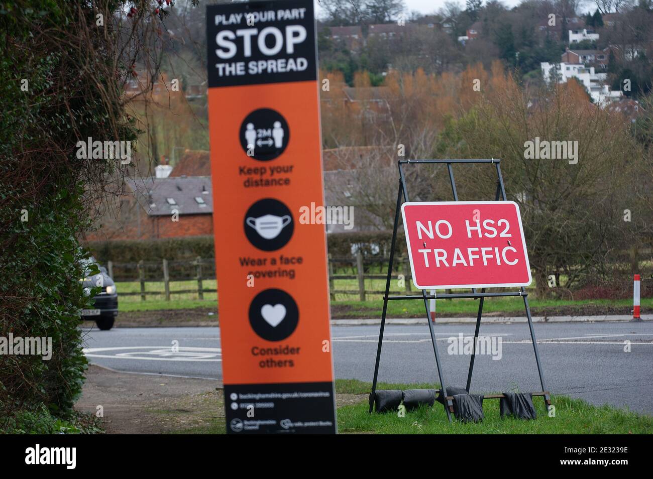 Amersham, Buckinghamshire, UK. 11th January, 2021. A sign for No HS2 ...
