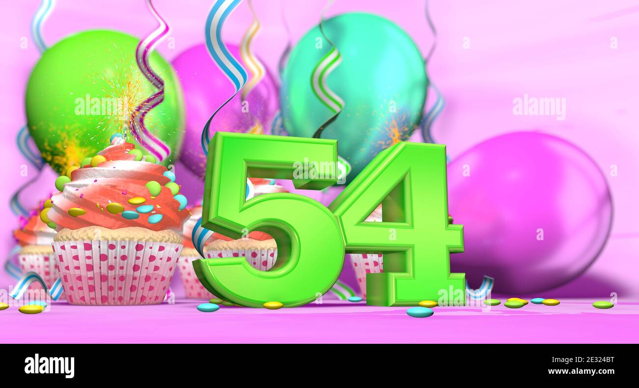 Birthday cupcake with sparking candle with the number 54 large in green ...