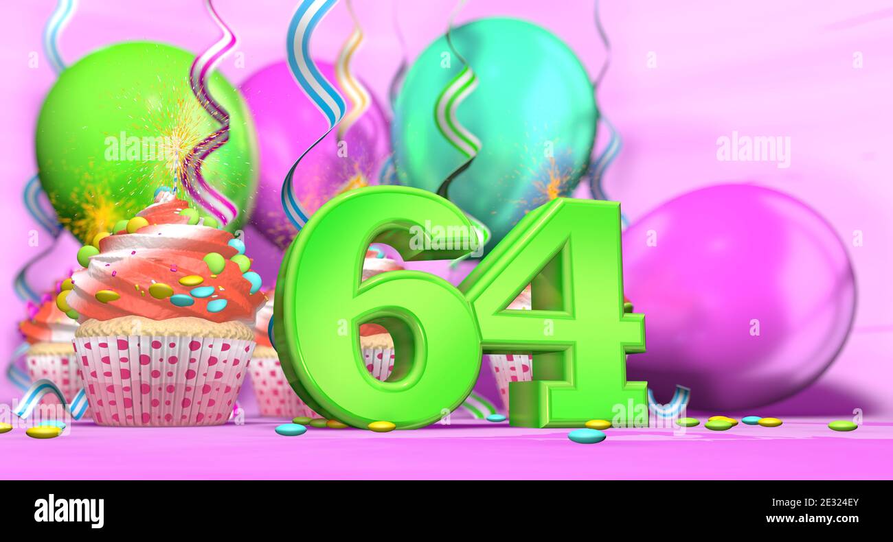 Birthday cupcake with sparking candle with the number 64 large in green ...